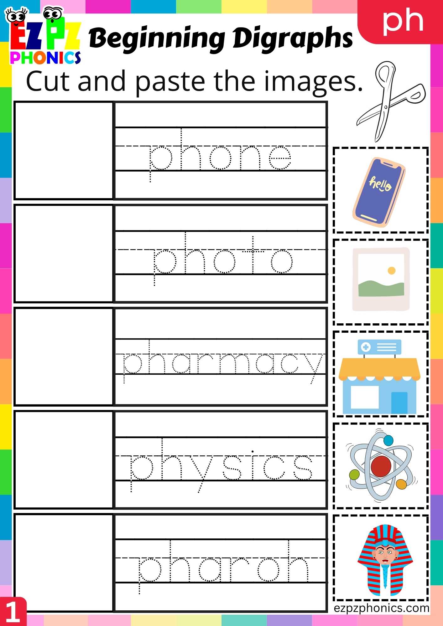 PH Words Cut And Paste The Images Consonant Digraphs Phonics Beginning Worksheet - ezpzphonics.com